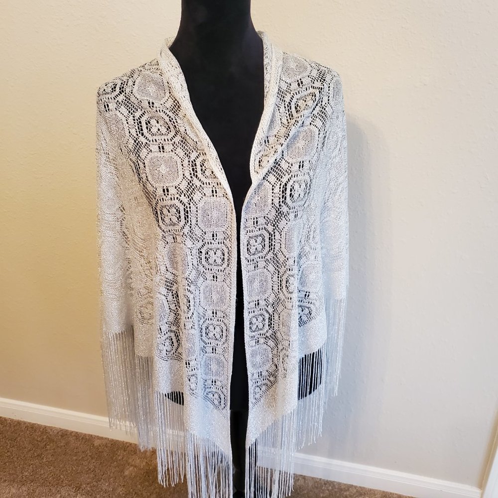 80s Vintage Lace Piano Shawl Fringe Wrap Lightweight … - Gem